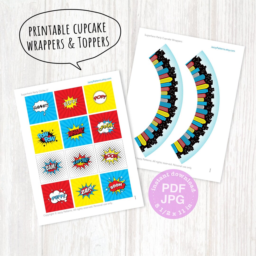 Printable Cupcake Toppers and Wrappers, Superhero Comic Book Style ...