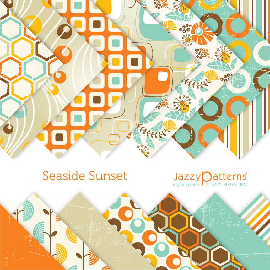 Retro Digital Papers in Burnt Orange Beige and Turquoise for | Etsy