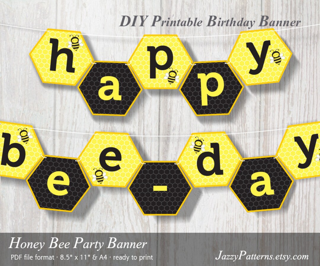 Honeybee Birthday Banner Printable in Yellow and Black, Honeycomb ...