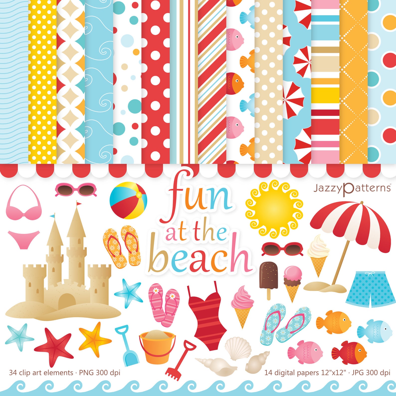Beach Clipart and Digital Papers, Summer Backgrounds, Instant Download ...