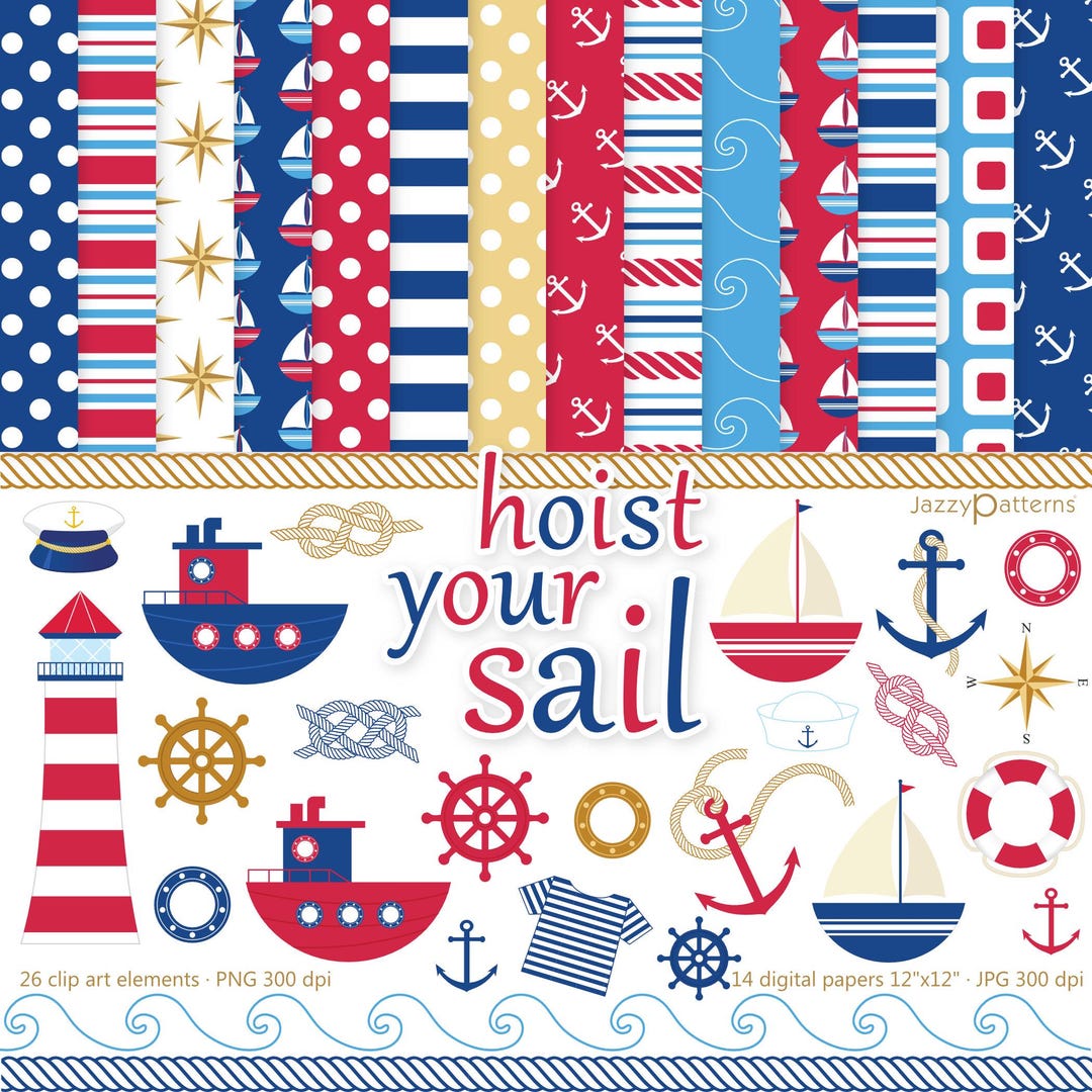 Nautical Clipart and Digital Papers in Red and Navy Blue, Printable ...