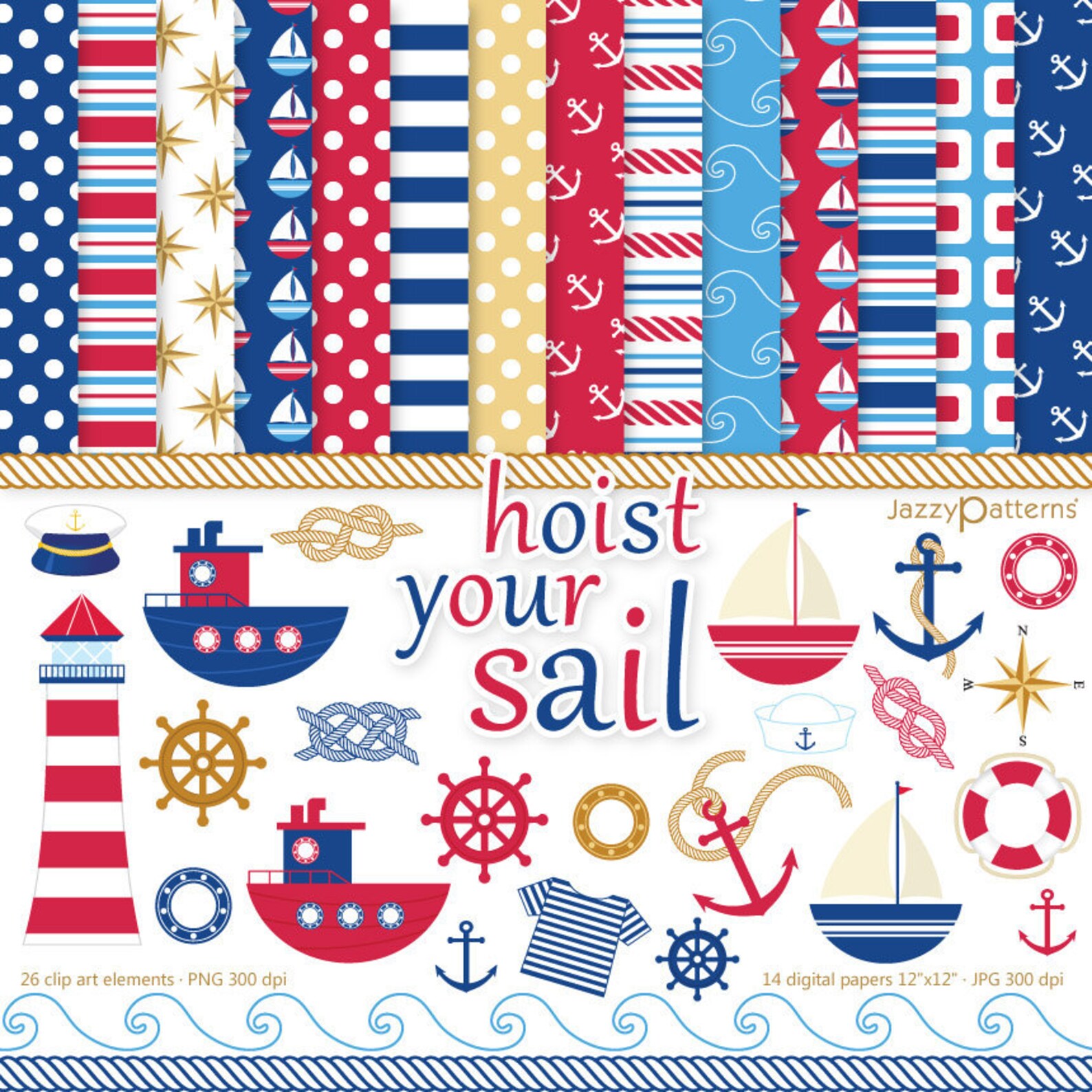 Nautical Clipart and Digital Papers in Red and Navy Blue | Etsy