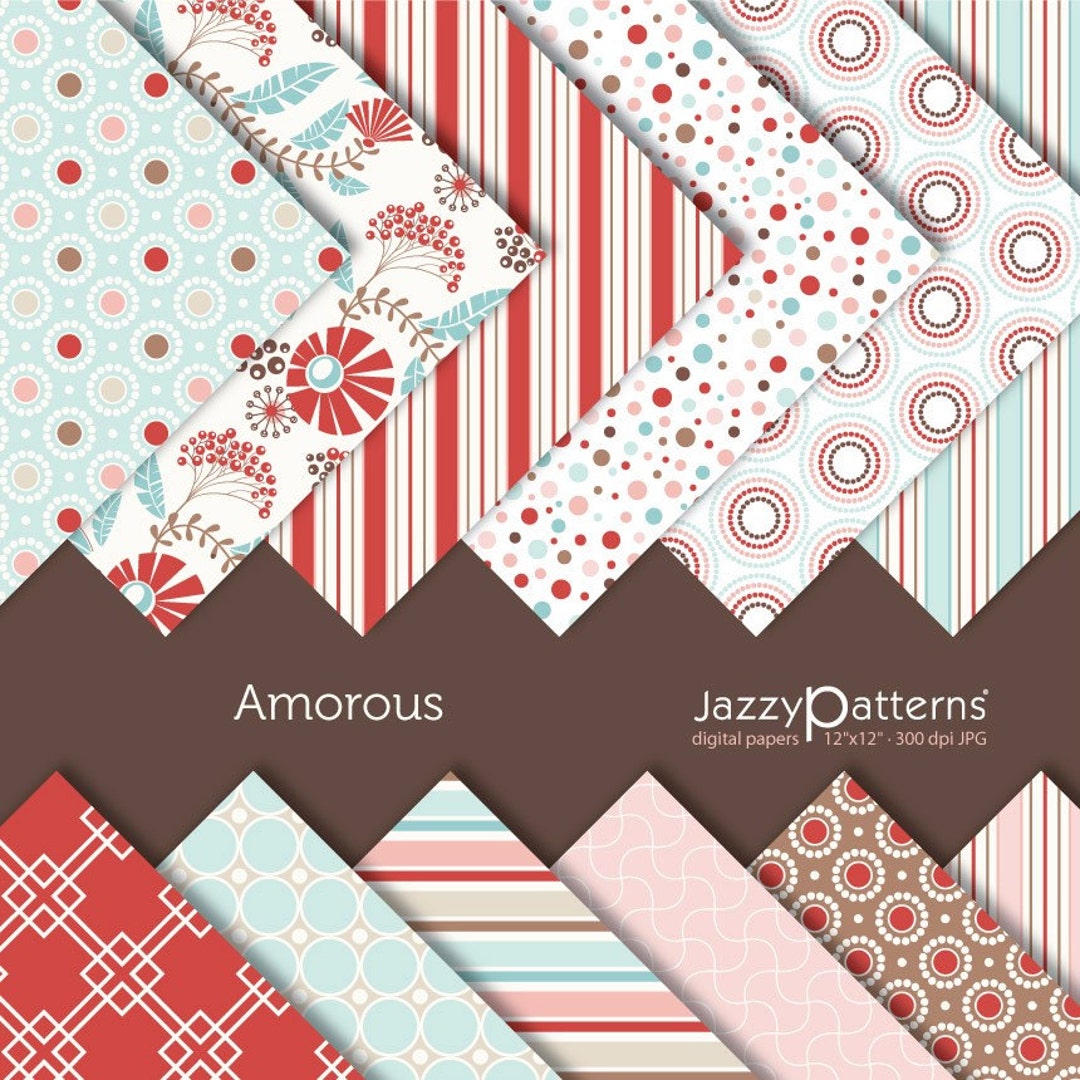 Retro Style Digital Papers in Muted Red and Blue, Geometric Florals for ...
