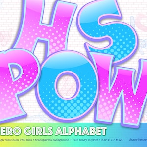 Girly Superhero Alphabet Clipart, Comic Book Letters in Pink and Blue ...