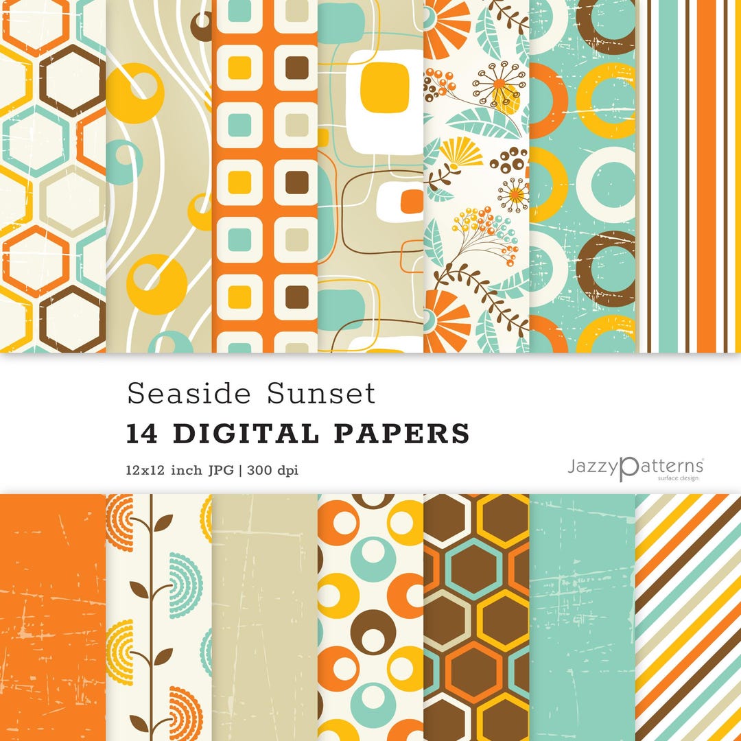 Retro Digital Papers in Burnt Orange, Ochre and Turquoise, Digital ...