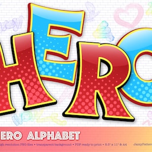Superhero Alphabet Clipart, Comic Book Letters in Cherry Red and Light ...