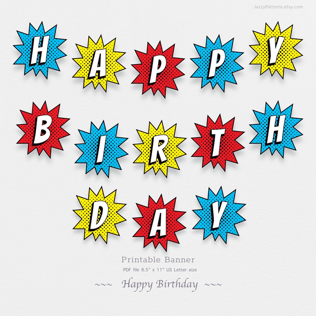 Superhero Birthday Banner, Printable Party Decoration, Comic Book Style ...