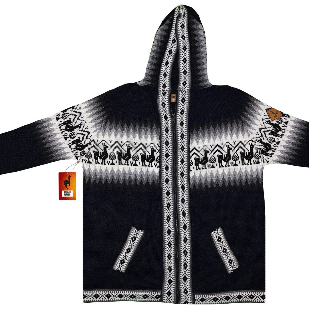 Women HANDMADE ANDEAN ALPACA Navy Blue Zip Hoodie Sweater Sz L - Etsy