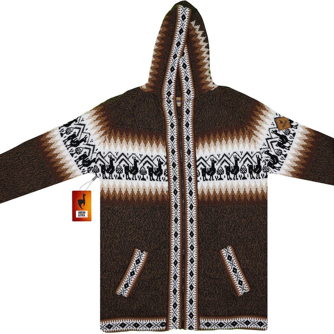 Women HANDMADE ANDEAN ALPACA Dark Brown Zip Hoodie Sweater Sz L Slim ...