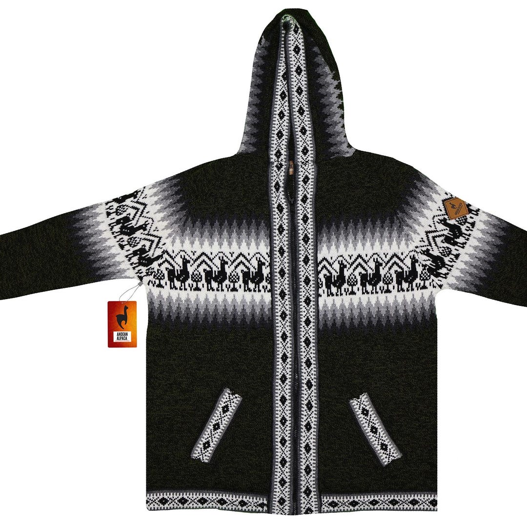 Women HANDMADE ANDEAN ALPACA Dark Green Zip Hoodie Sweater Sz Xxl - Etsy