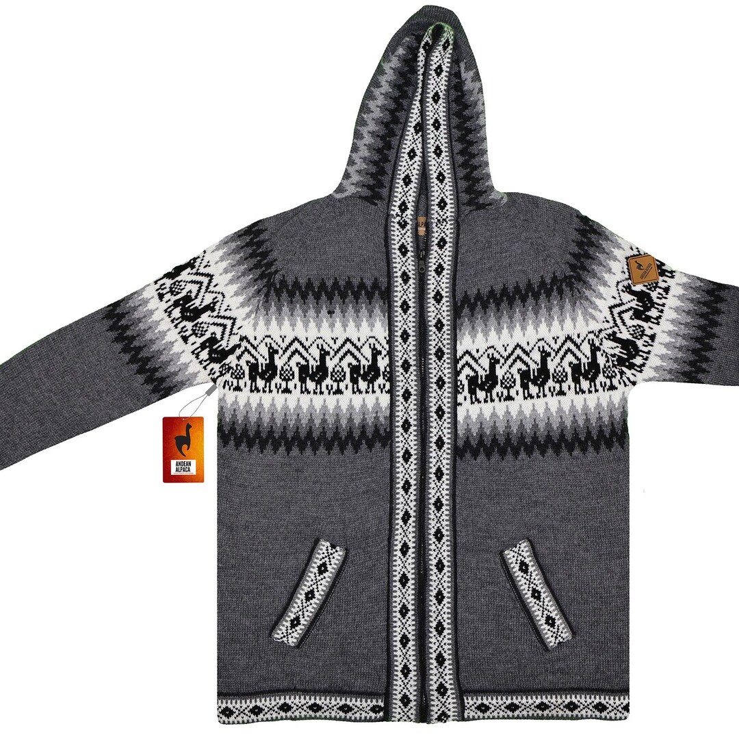 Men HANDMADE ANDEAN ALPACA Gray Zip Hoodie Sweater Sz M - Etsy