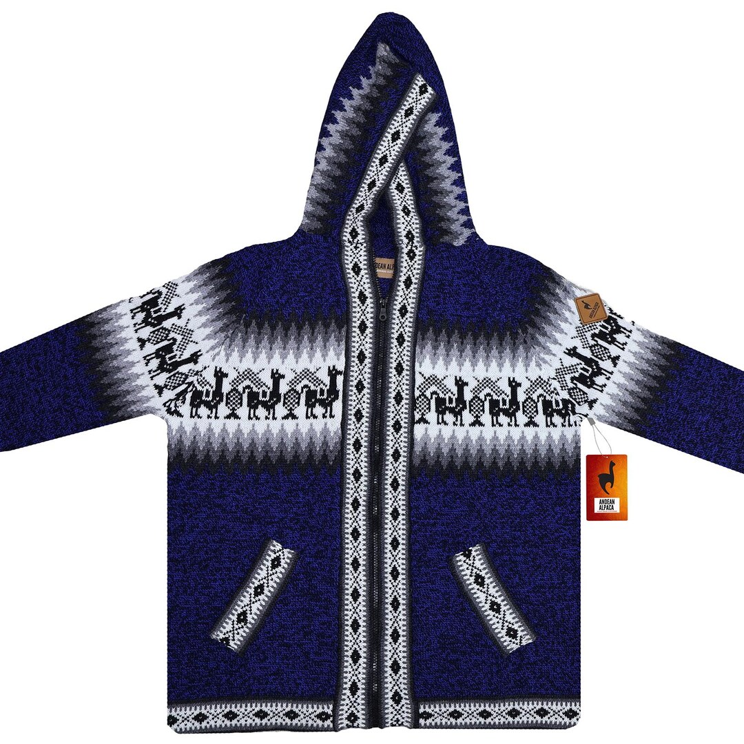 Men HANDMADE ANDEAN ALPACA Electric Blue Zip Hoodie Sweater Sz L - Etsy