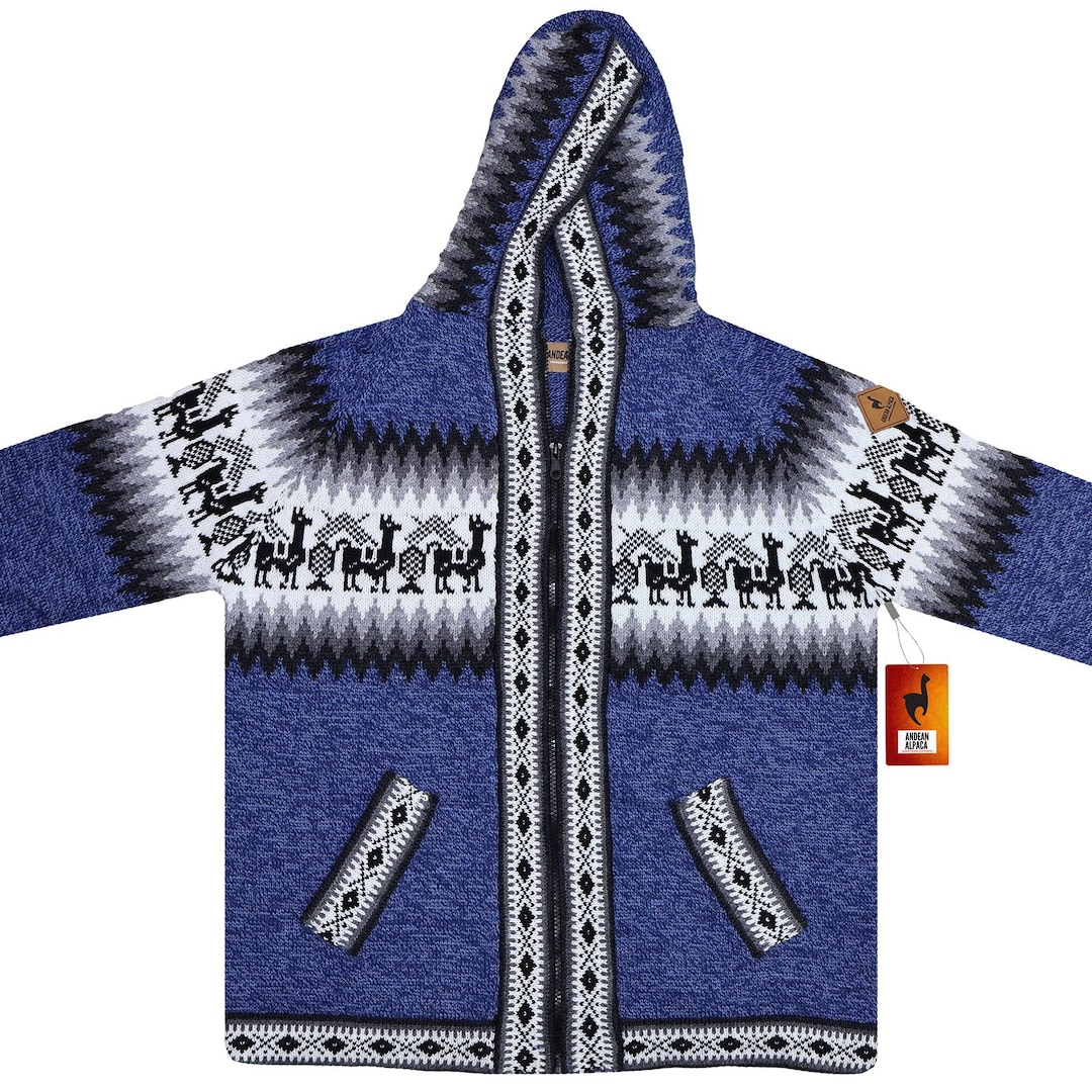 Women HANDMADE ANDEAN ALPACA Light Blue Zip Hoodie Sweater Sz L - Etsy