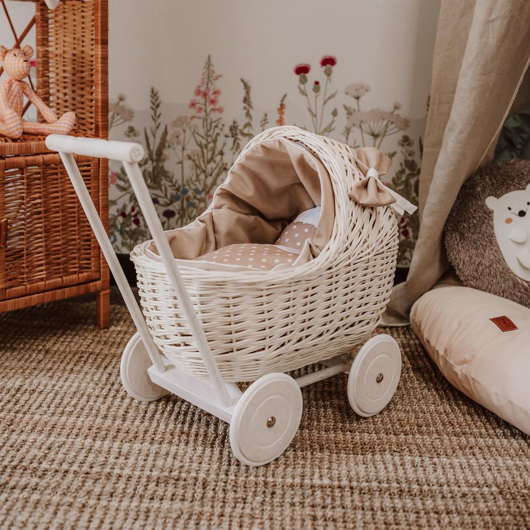 Premium Wicker Pram for Doll, Pink Beige Ecru Light Baby Carriage Toy ...