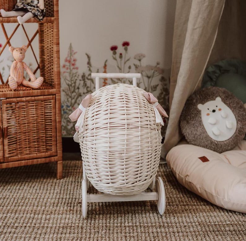 Premium Wicker Pram for Doll, Pink Color Vintage Style Baby Carriage ...