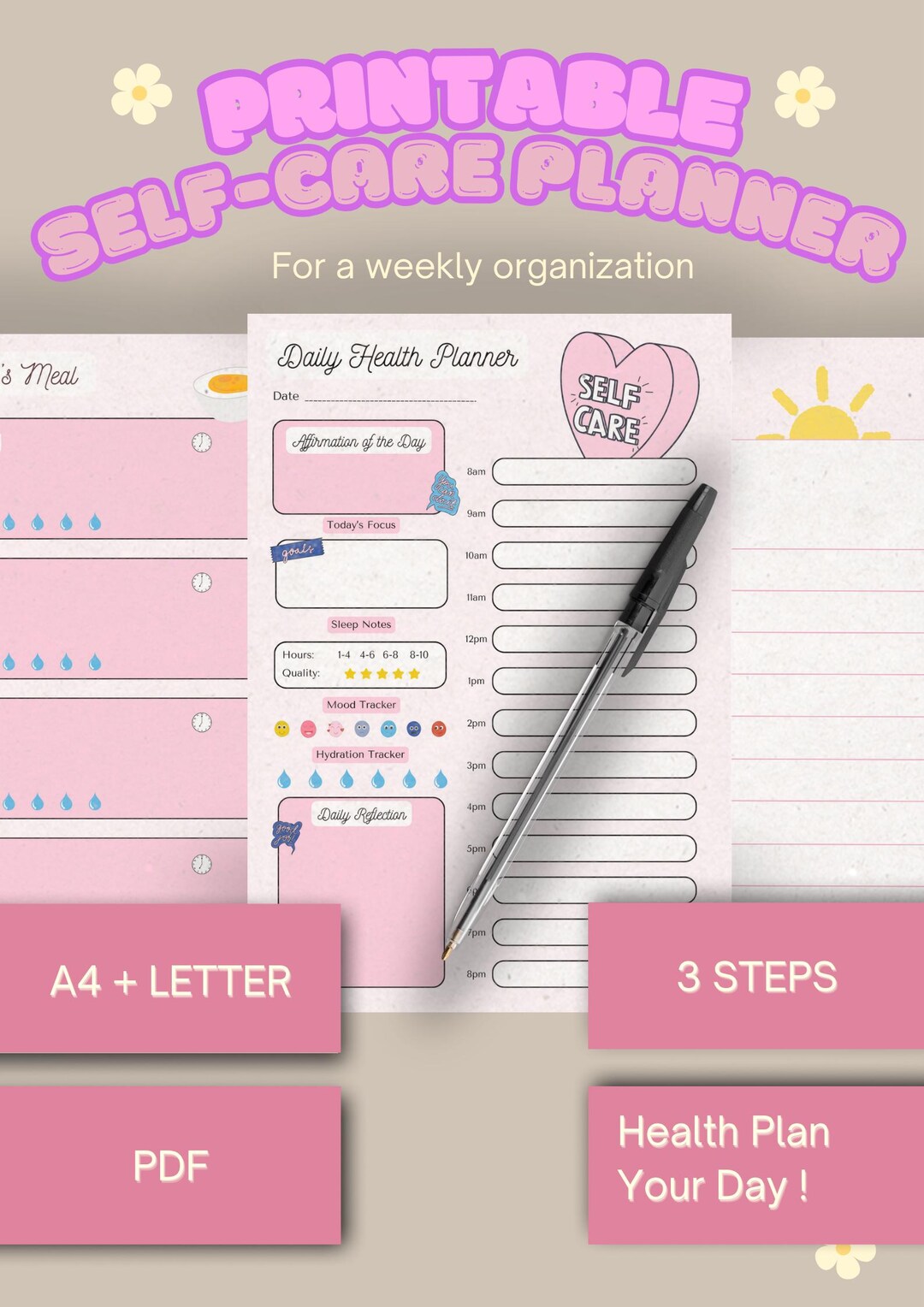 Pink & White Self Care Daily Planner – Kawaii Health Daily Journal PDF ...