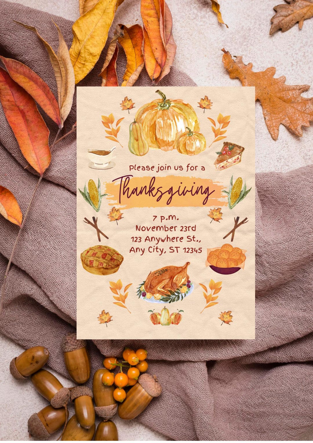 Editable Thanksgiving Card Templates Rustic Minimalist Watercolour ...