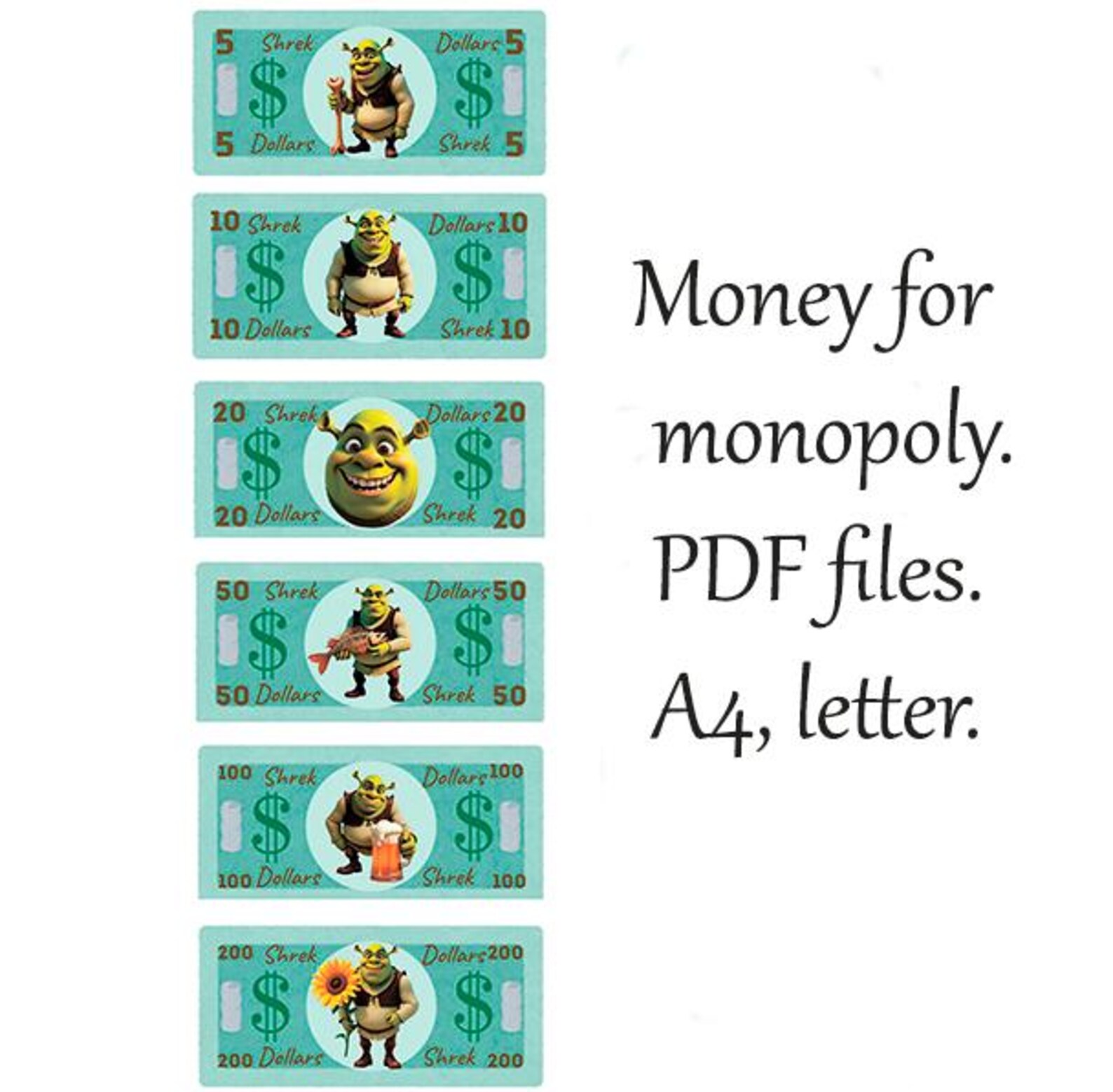 Shrek Dollars. Dollars for Monopoly. Toy Money. File Pdf, A4, Letter ...
