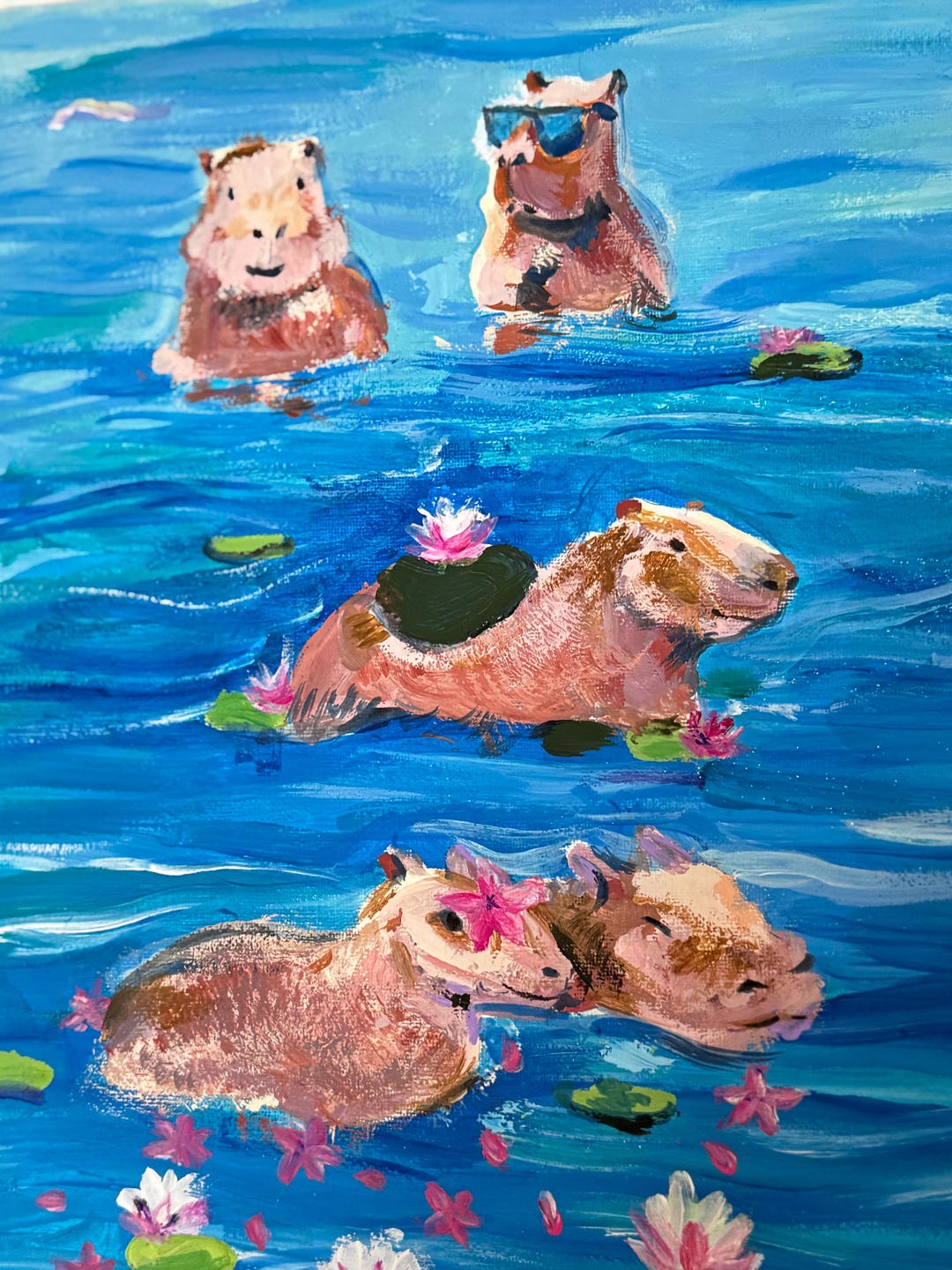 Capybara Art Print – Whimsical Capybaras Swimming in Lilies – Cute ...