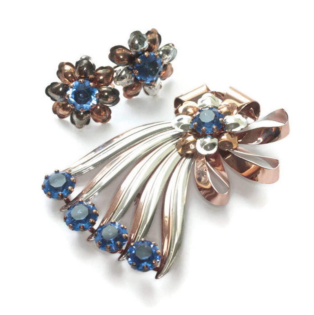 Vermeil Sterling Blue Stone Set Retro 1940s Brooch Earrings Ribbons Bow ...