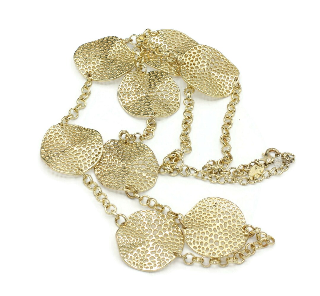 Gold Tone Disc Station Necklace Wavy Dimensional Discs 35.5 Inch Long ...