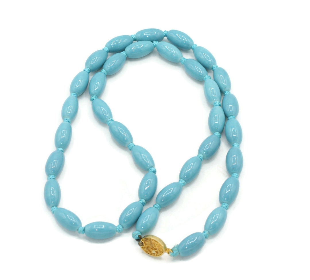 Robins Egg Blue Glass Bead Necklace Hand Knotted Vermeil Clasp Etsy