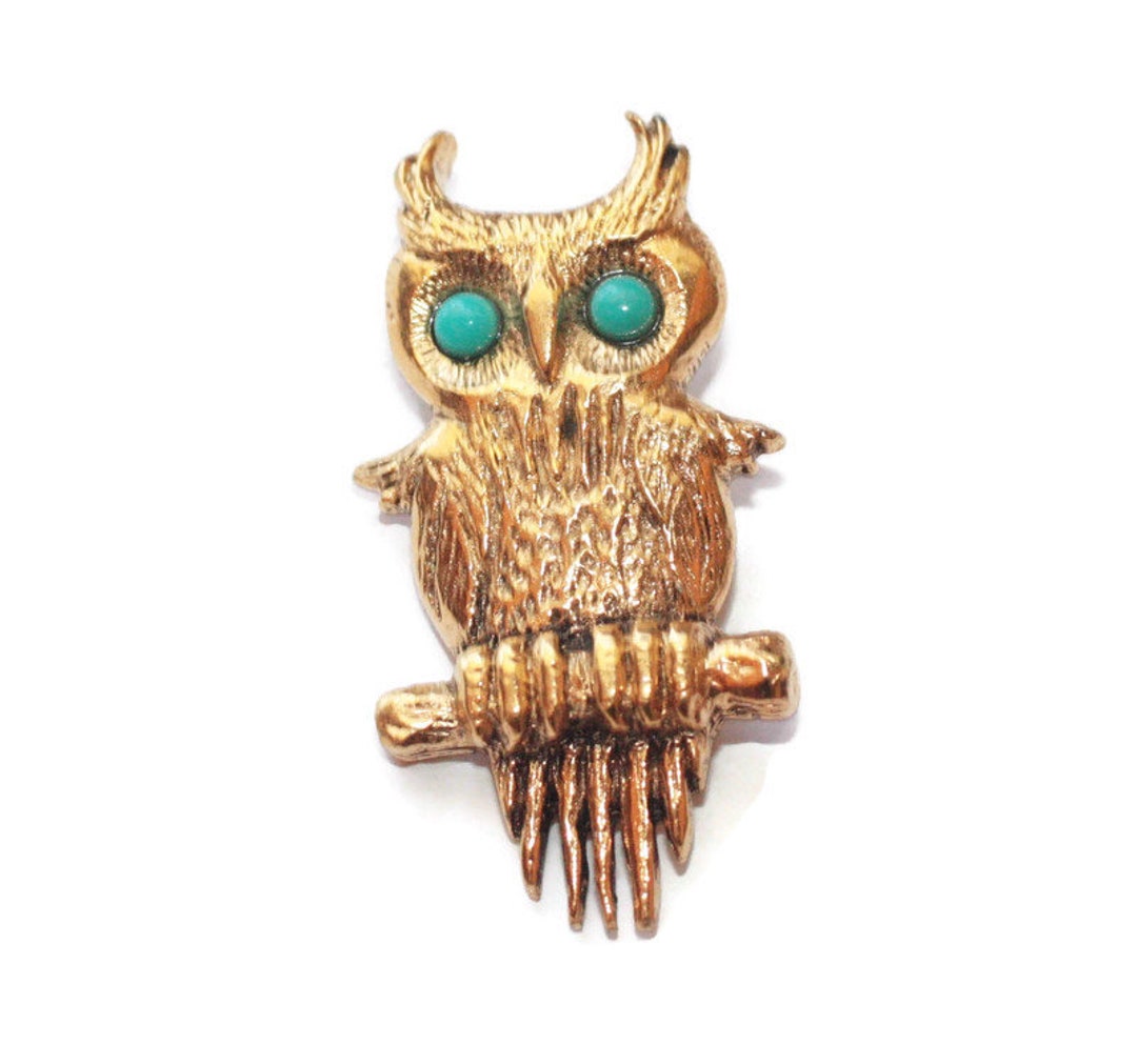 Designer Owl Pin Turquoise Eyes Gold Tone Vintage Figural Bird Jewelry ...