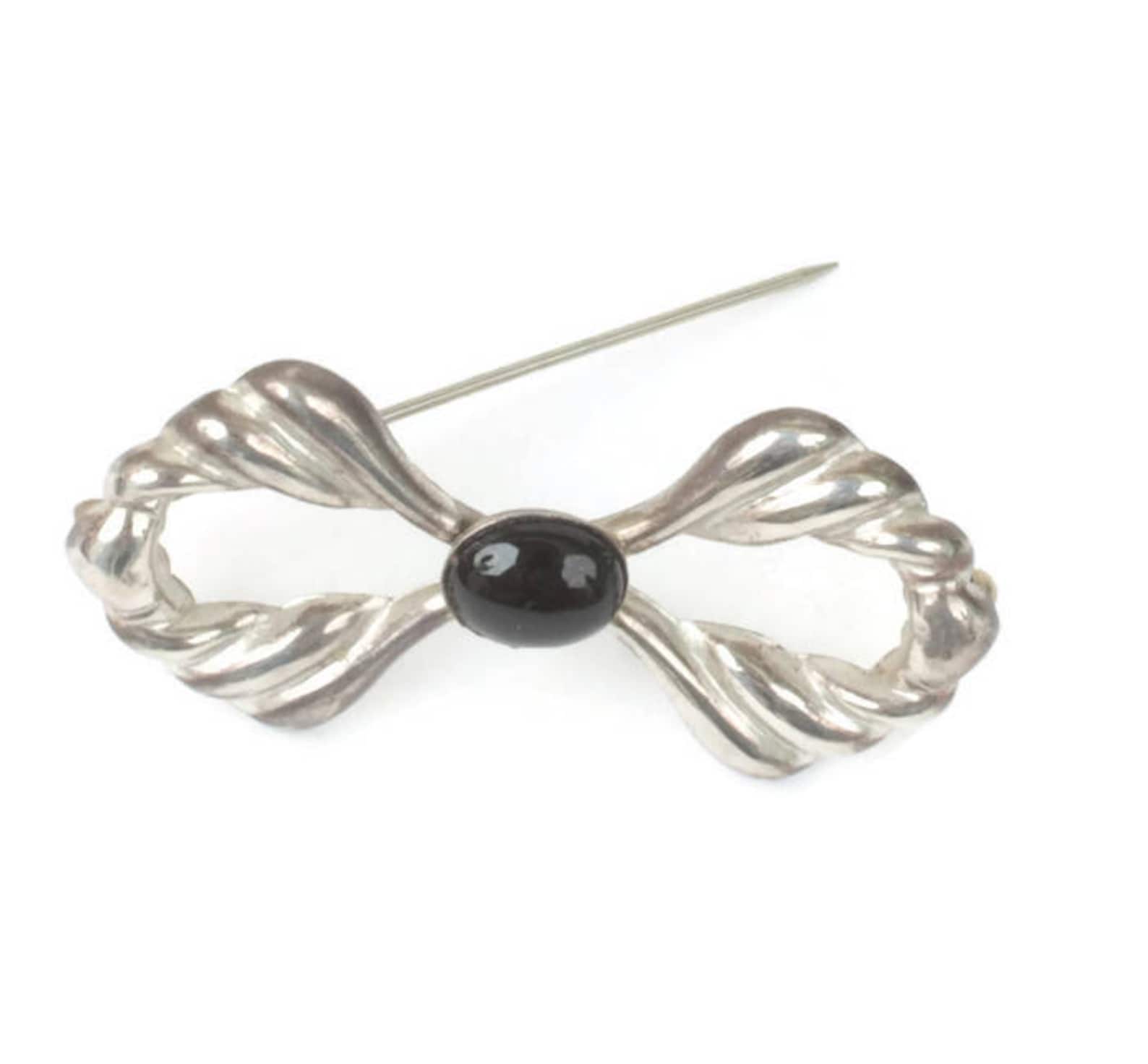 Sterling Silver and Onyx Bow Pin Brooch Open Repousse Design - Etsy