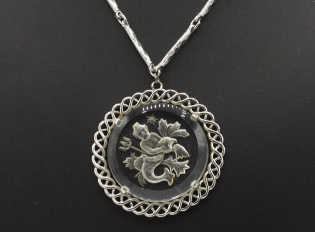 Poseidon Neptune Glass Intaglio Pendant Reverse Carved Silver Tone ...