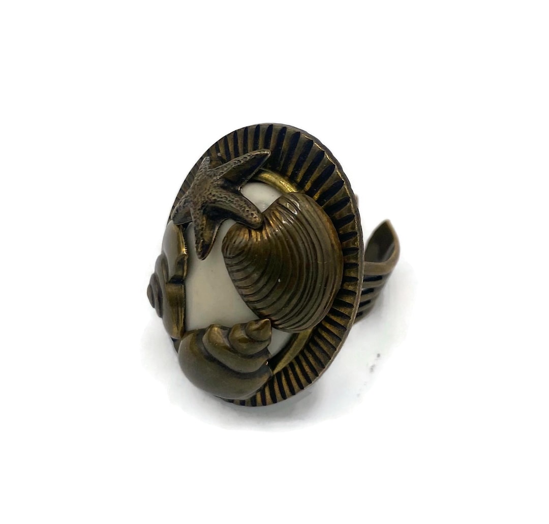 Jan Michaels Sea Life Ring: Bronze Metal, Shell Cabochon, Adjustable ...