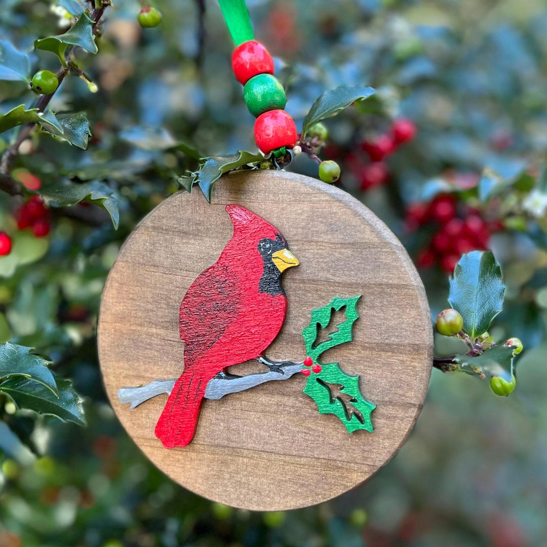 Cardinal Pine Disc Ornament, Hand Painted - Etsy