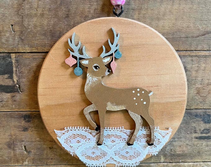 Reindeer Pine Disc Ornament, Layered Ornament, Hand Painted - Etsy