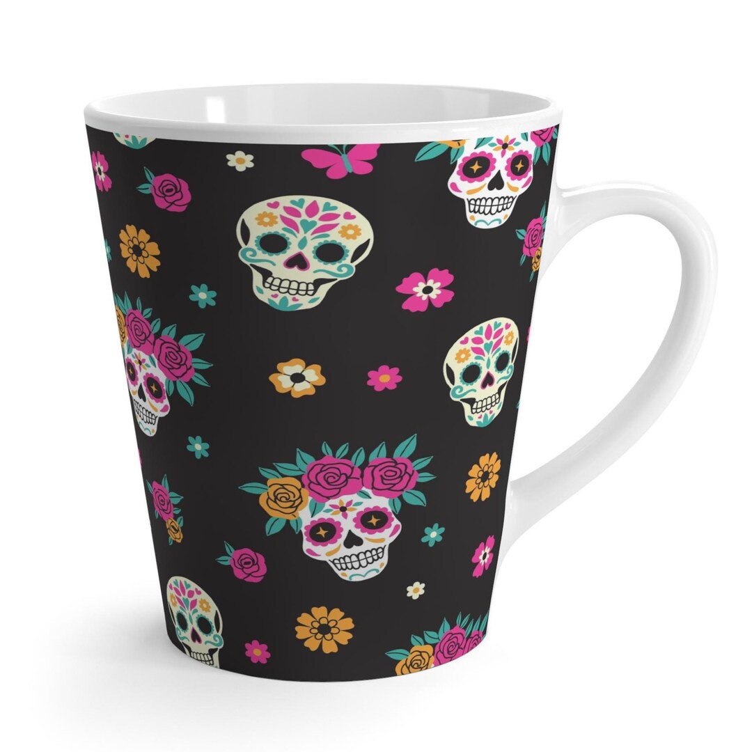 Colorful Skull Latte Mug | Dia De Los Muertos Gift, Floral Coffee Cup ...