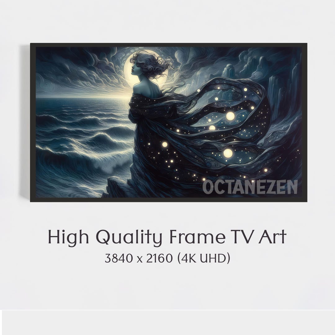 Ethereal Woman in Starry Night Robe by the Ocean 4K Art Print for Frame ...