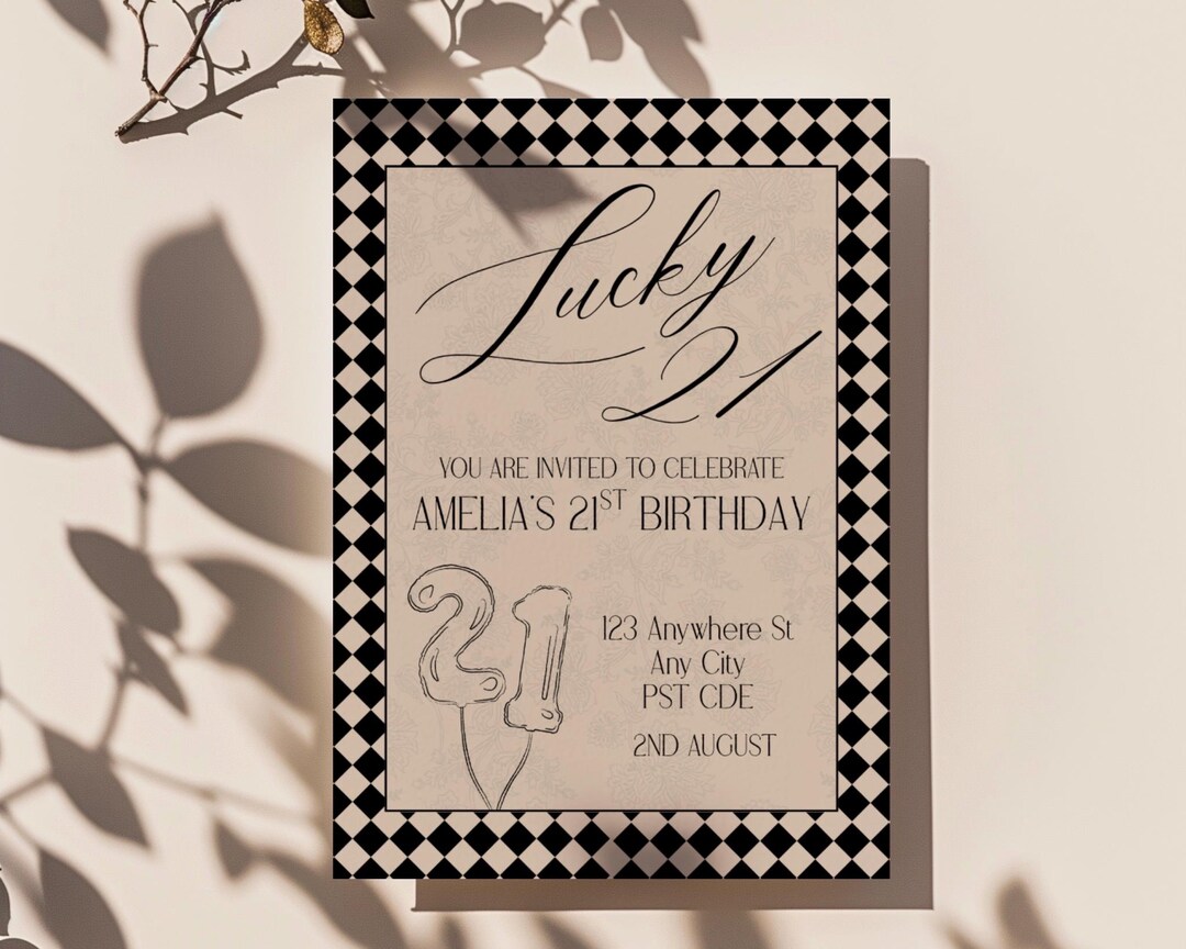 21st Birthday Invitation Template: Lucky 21, Black Checkered Theme ...