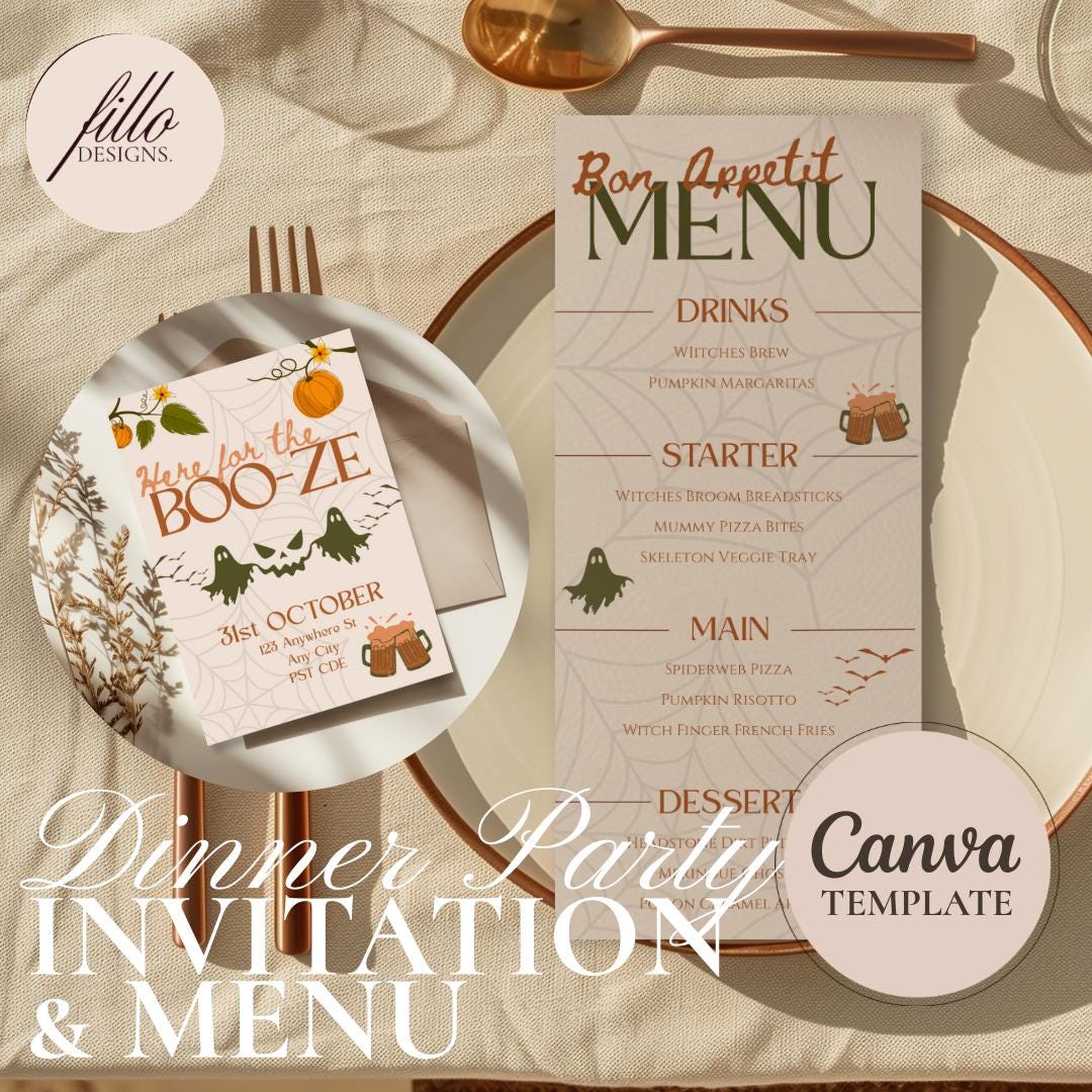 Halloween Dinner Party Invitation & Menu Template: Editable Canva ...