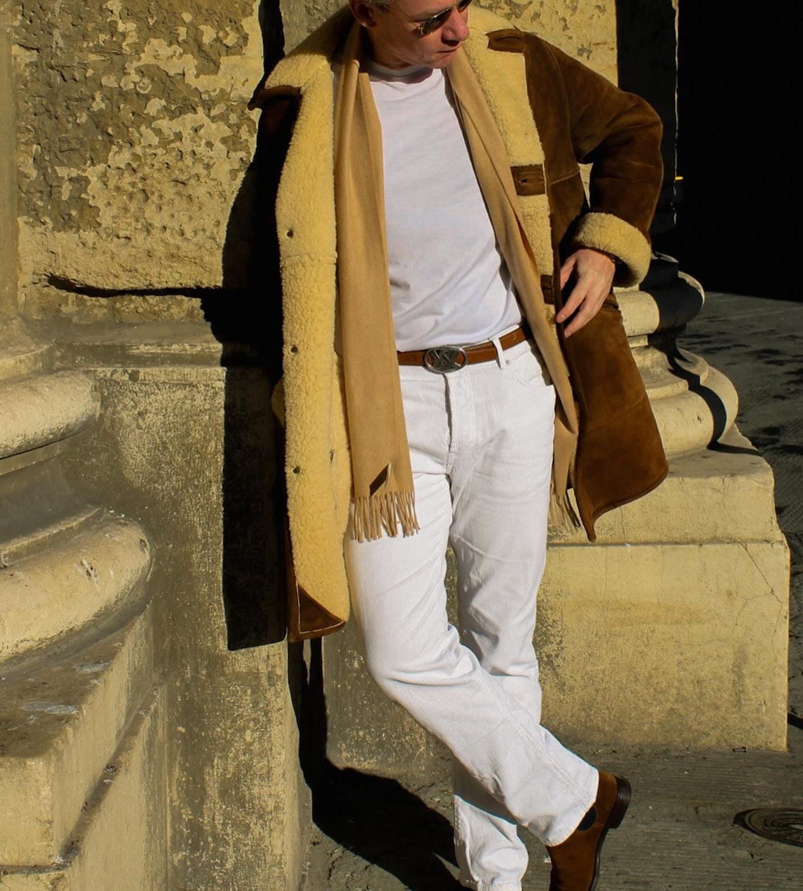 Men’s Vintage Shearling Coat 70s Brown Suede Long Jacket Winter Warm ...