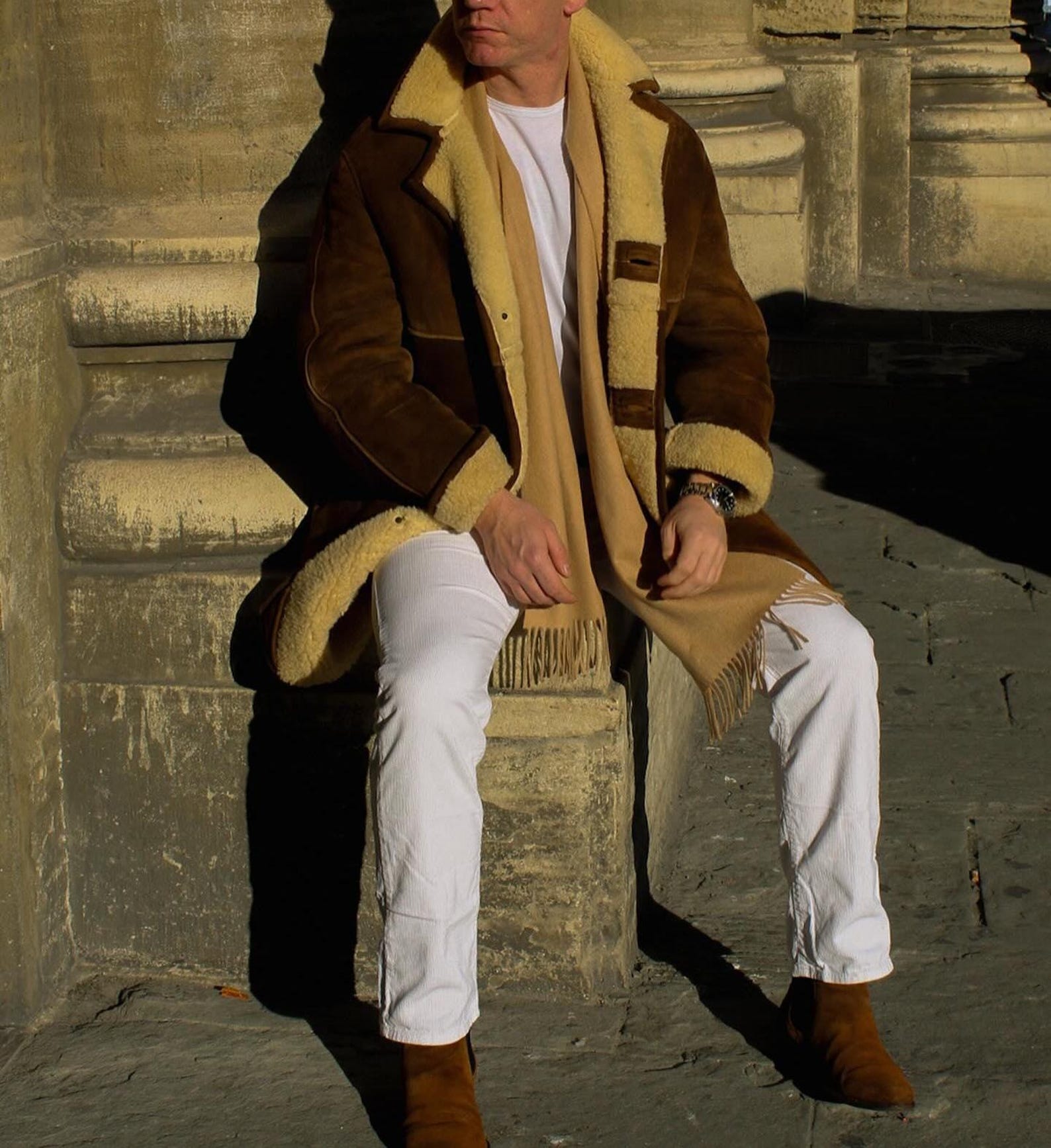 Men’s Vintage Shearling Coat 70s Brown Suede Long Jacket Winter Warm ...