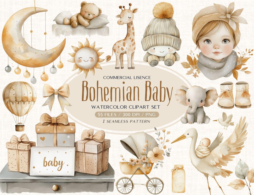 Neutral Baby Clipart, Watercolor Boho Animal Clipart, Boho Baby Shower ...