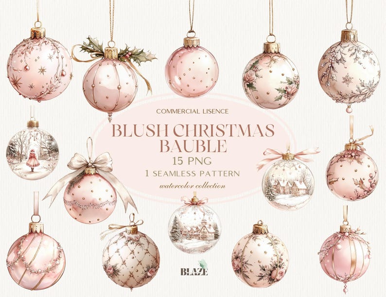 Blush Pink Clipart Baubles Bundle, Pink Xmas Bundle, Watercolor ...