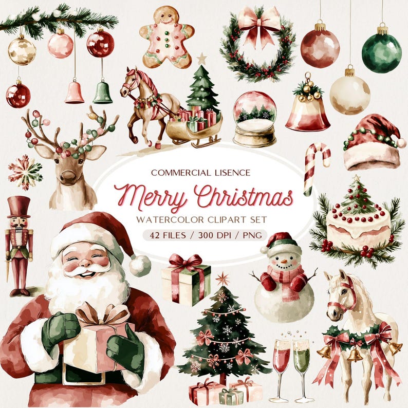 Retro Christmas Santa Clipart, Watercolor Christmas Tree Clipart ...