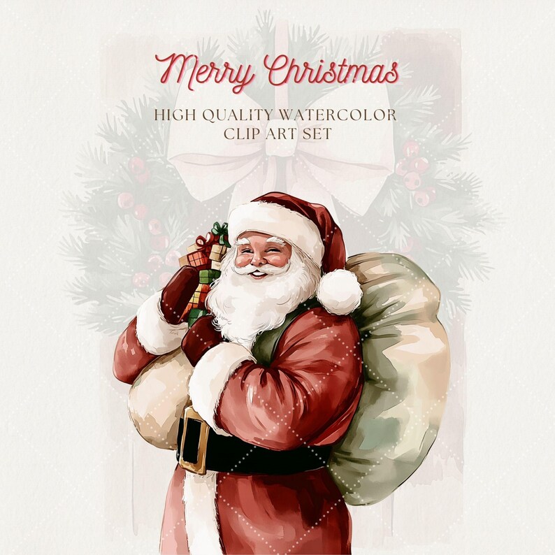 Retro Christmas Santa Clipart, Watercolor Christmas Tree Clipart ...