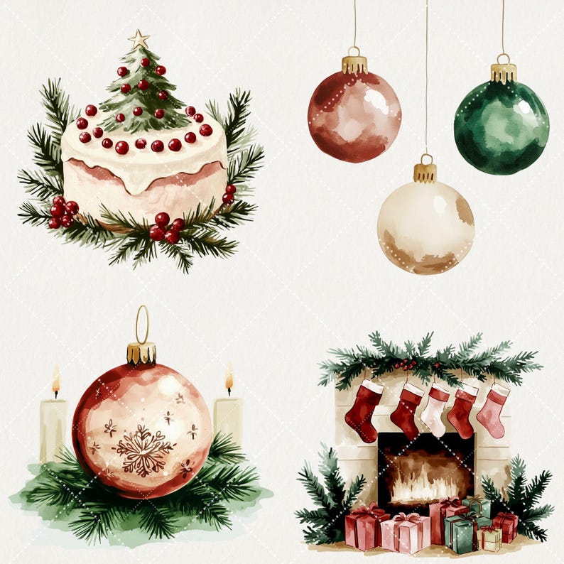 Retro Christmas Santa Clipart, Watercolor Christmas Tree Clipart ...