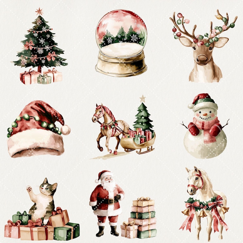 Retro Christmas Santa Clipart, Watercolor Christmas Tree Clipart ...