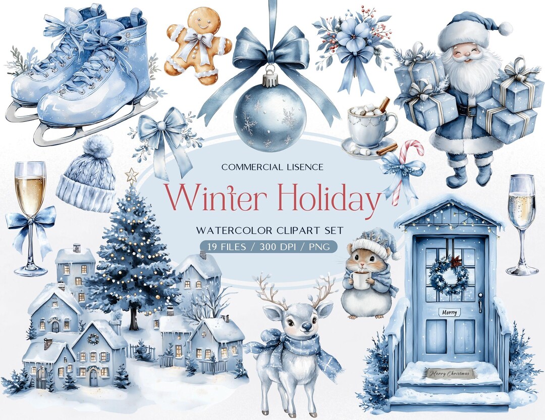 Blue Christmas Watercolor Clipart, Christmas Cuteness PNG, Winter ...