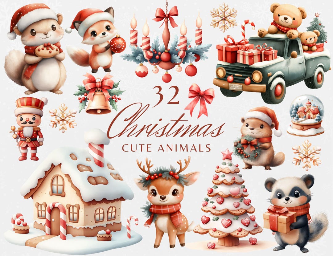 Woodland Clipart Christmas Bundle, Baby Animals PNG, Watercolor Cute ...