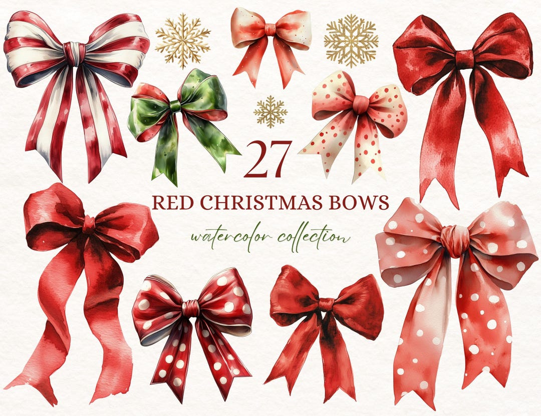 Red Bows Collection Watercolor Clipart, Red and Green Bows Christmas ...