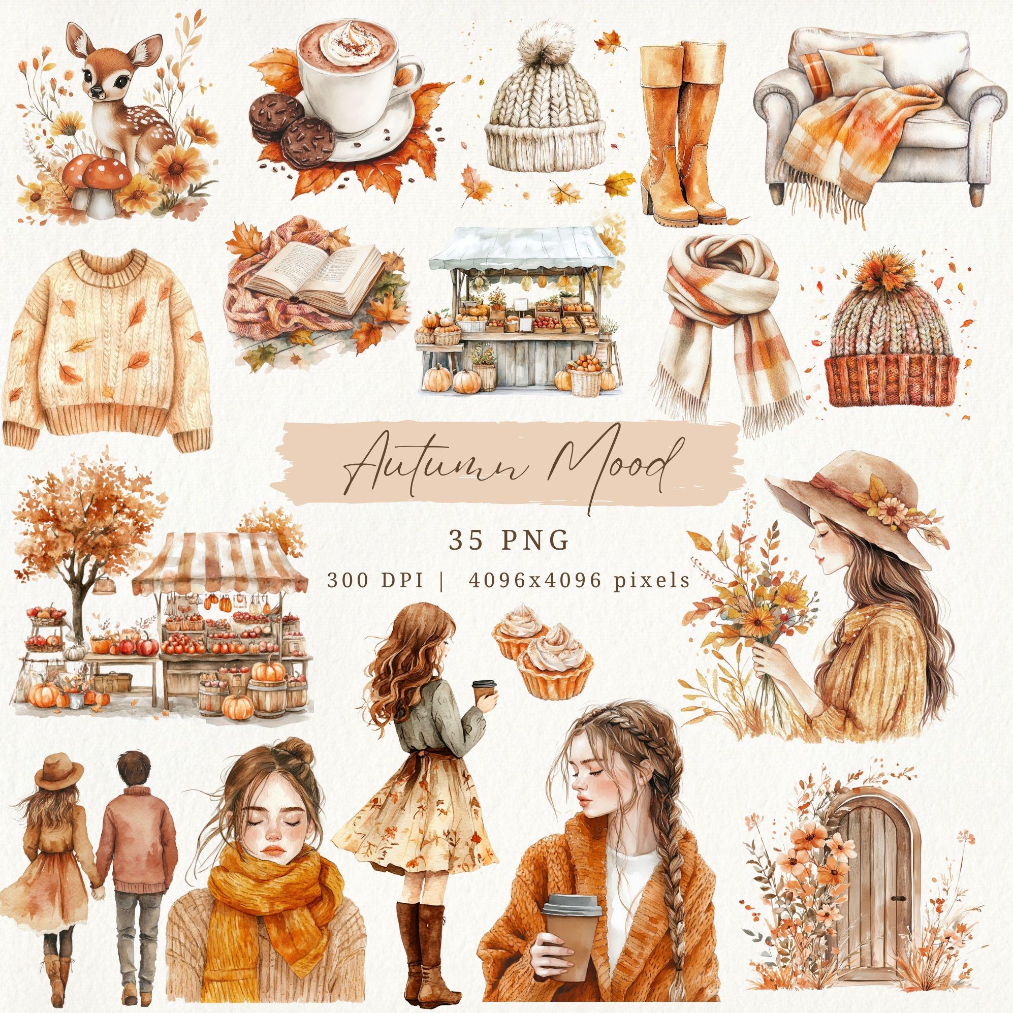 Rustic Fall Clipart, Cozy Watercolor Clipart, Autumn Mood Clipart ...