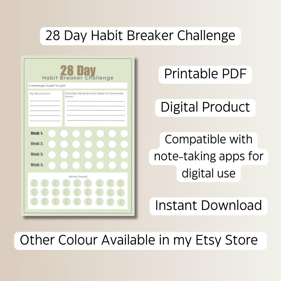 28-day Habit Breaker Challenge Printable Habit Tracker Break Bad Habits ...