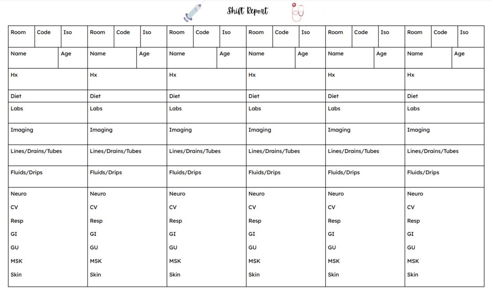 6 Patient Nurse Report Sheet - Etsy